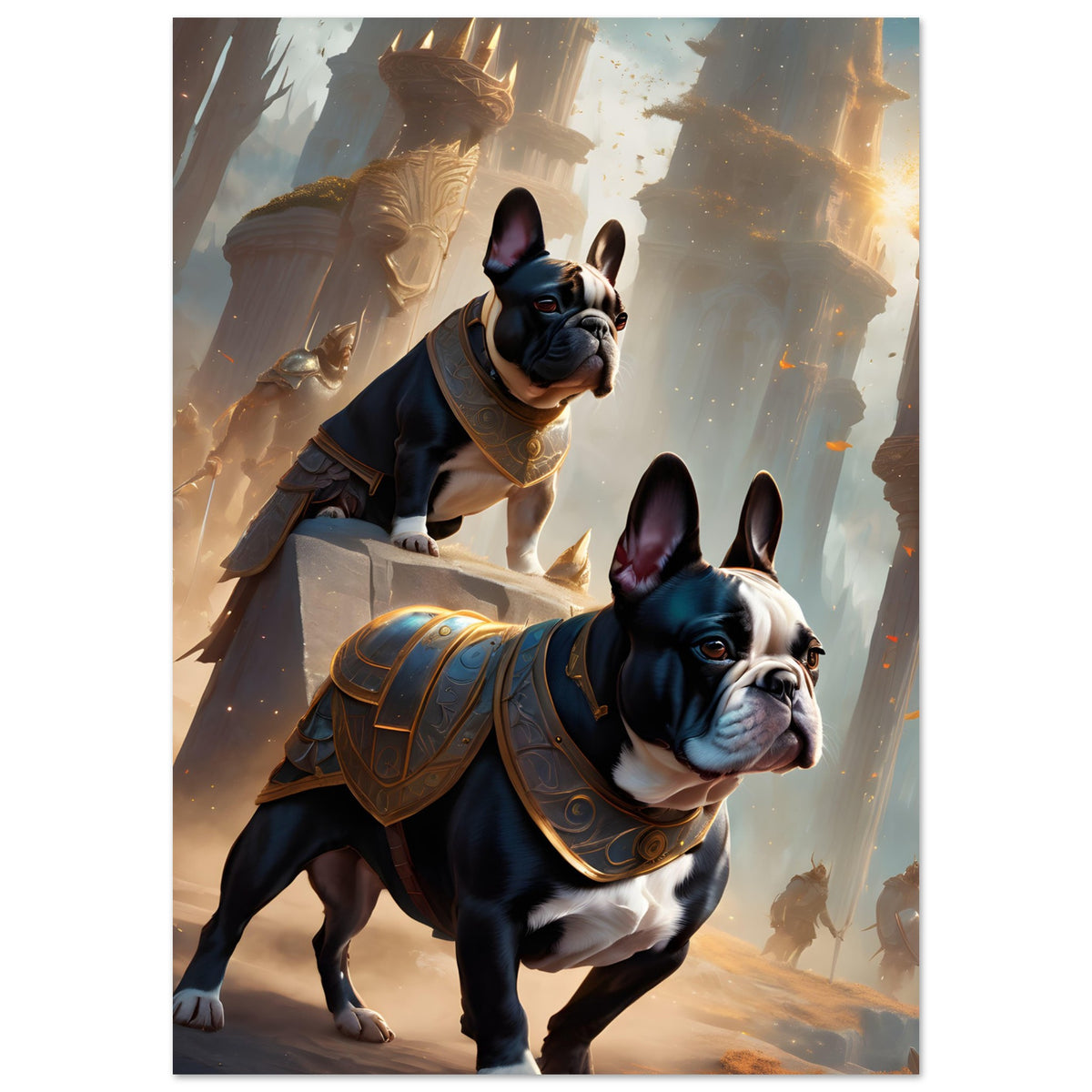 French Bulldogs standing proud in battle, stunning fantasy art poster ...